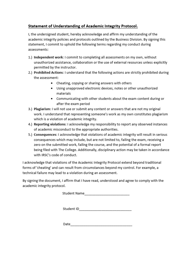 Statement of Understanding of Academic Integrity Protocol-Zv | PDF | Academic Integrity | Plagiarism