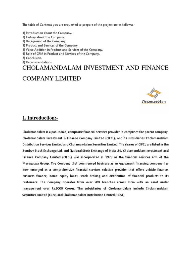 Cholamandalam Investment and Finance Company Limited: 1. Introduction ...