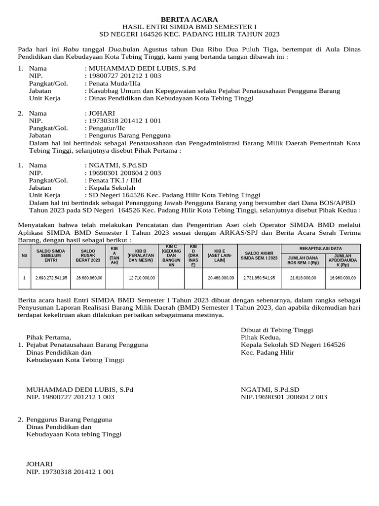Contoh Berita Acara Hasil Entri SIMDA Sem. I | PDF