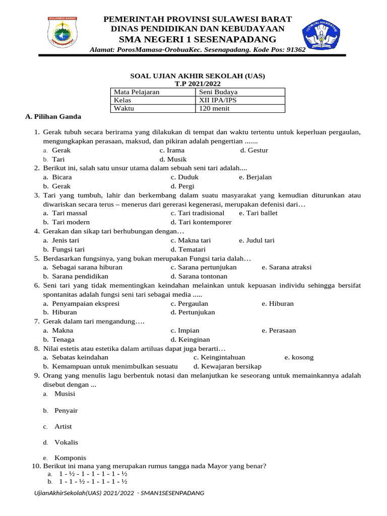 1 Format Soal Uas 2022 (Seni Budaya) | PDF