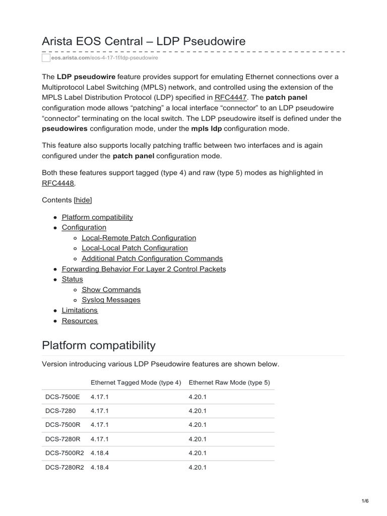 Arista EOS Central LDP Pseudowire | PDF | Networking | Multiprotocol Label Switching