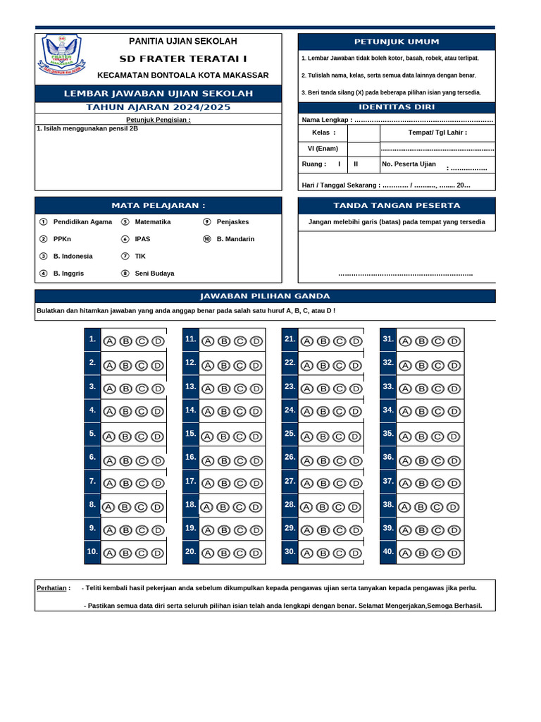 Lembar Jawaban Ujian SD 2024/2025 | PDF