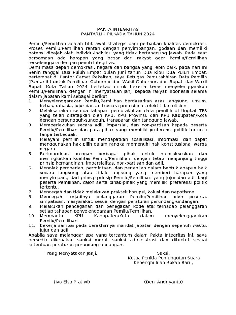 Pakta Integritas Pantarlih | PDF