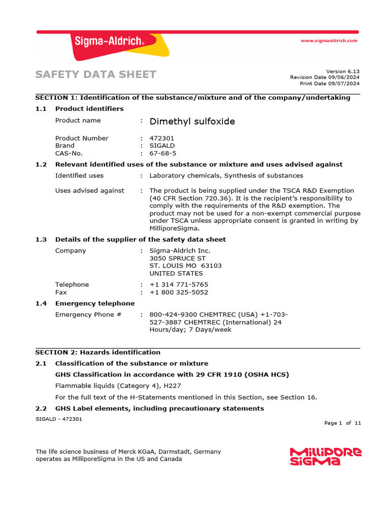 1-Dimethyl Sulfoxide | PDF | Dangerous Goods | Toxicity