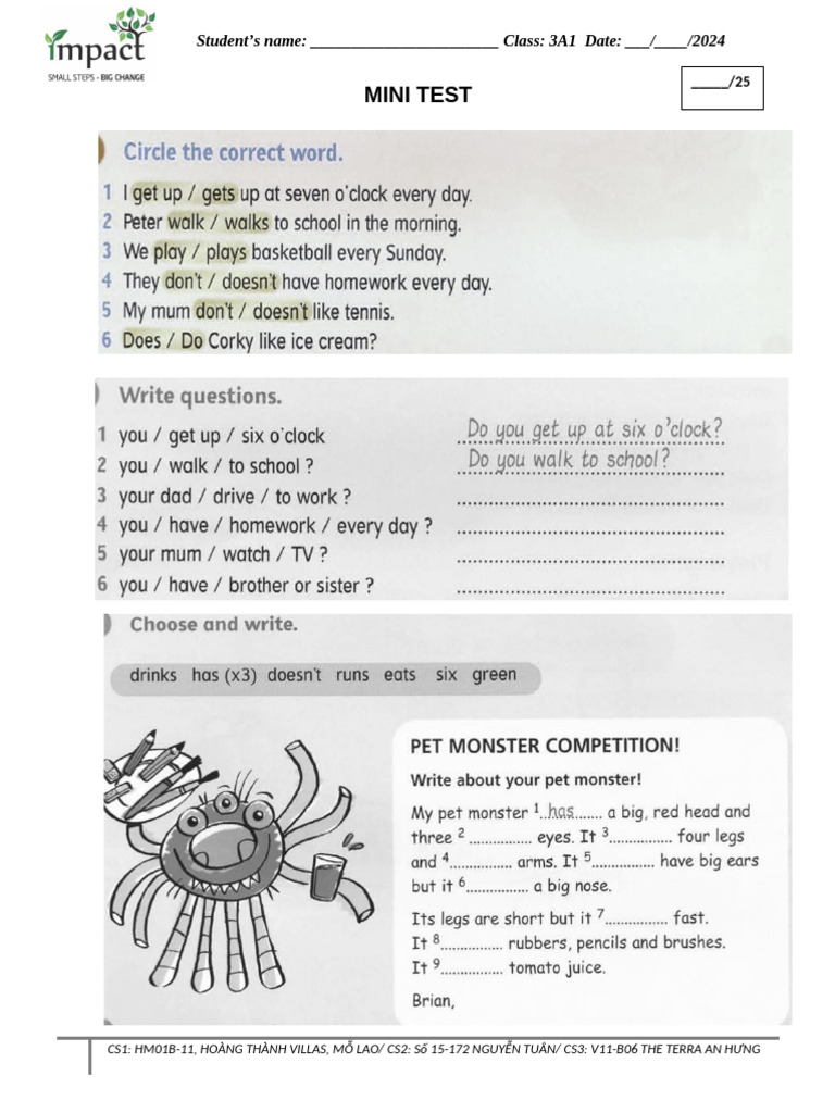 Grade 3 - English Mini Test | PDF