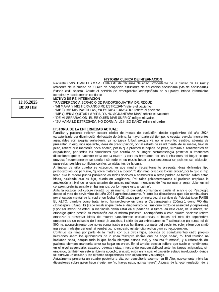 HC Cristhian Luna Gil 12.5.25 | PDF | Depresión (estado de ánimo ...