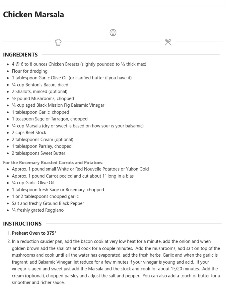 Chef Jean Pierre's Chicken Marsala Recipe | PDF | Cooking | Garlic