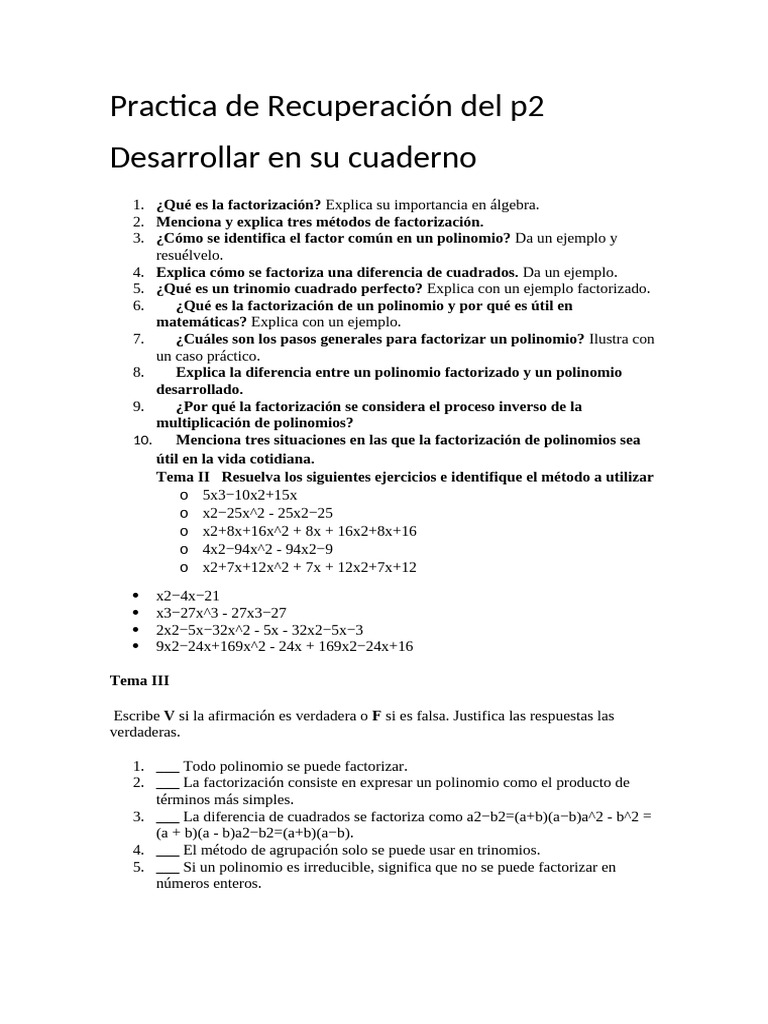 Practica de Recuperacion p2 Factorizacion | PDF