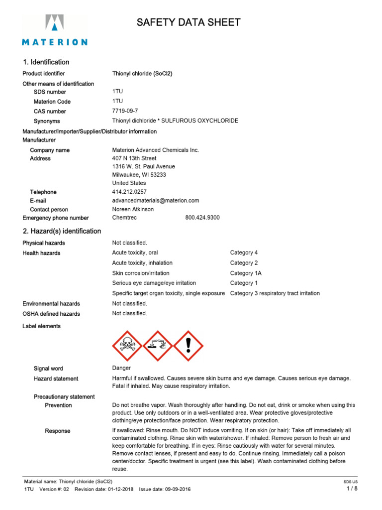 Thionyl Chloride Safety and Hazards | PDF | Dangerous Goods | Toxicity