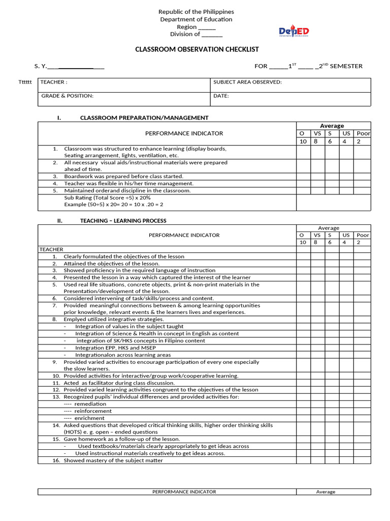 Observation Checklist | PDF | Learning | Teachers