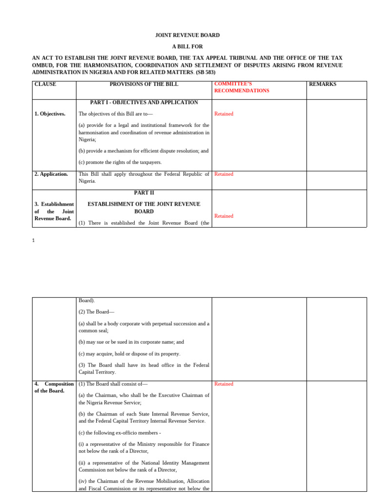 Final Draft - Joint Revenue Board of Nigeria Establishment Bill 2025 ...