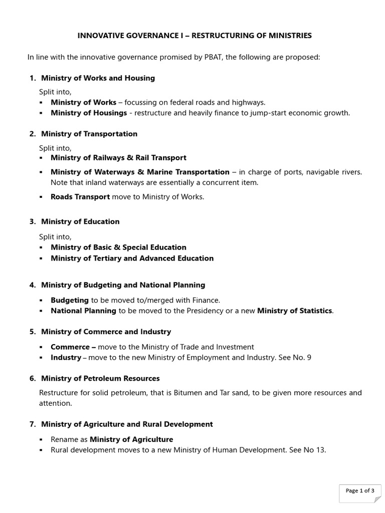 Proposal For Restructuring of Nigeria Federal Ministries | PDF | Mining ...