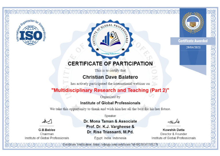 Balatero - Certificate - IGP RESEARCH PART 2 | PDF