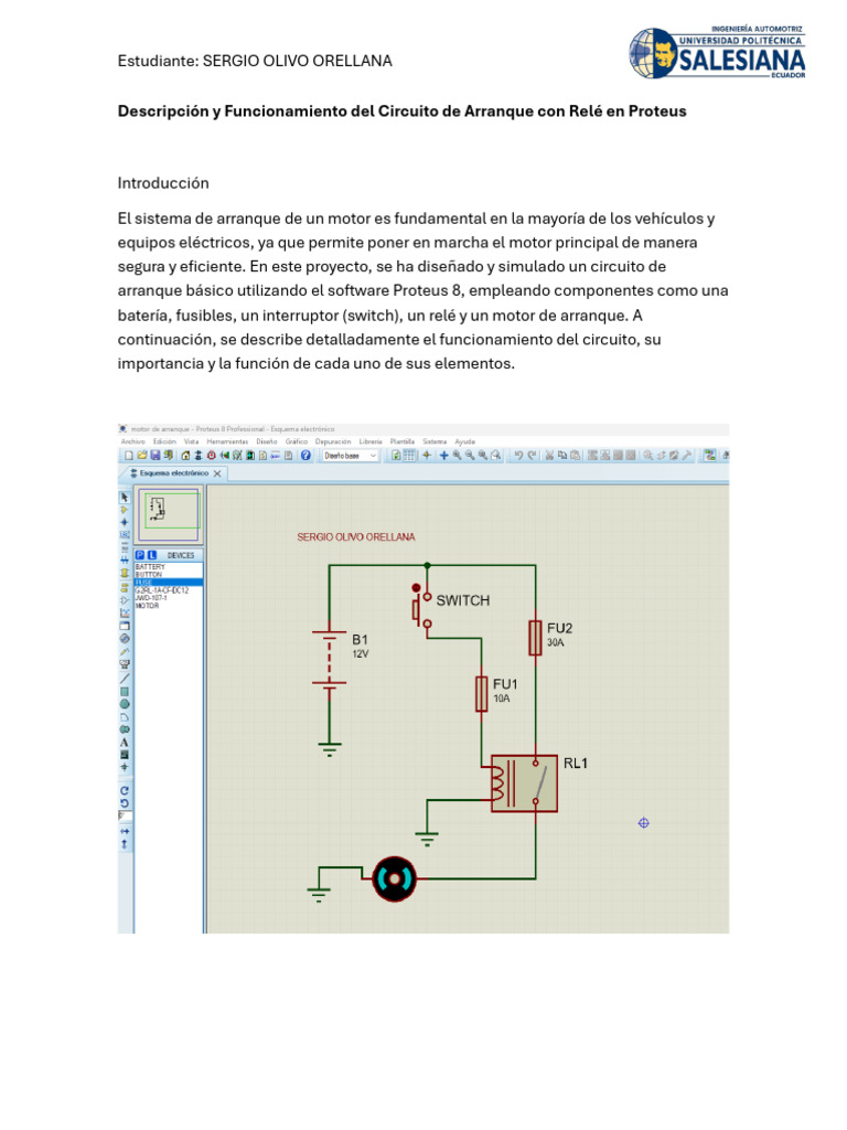 Descripción y Funcionamiento del Circuito de Arranque con Relé en Proteus | PDF | Relé | Cambiar