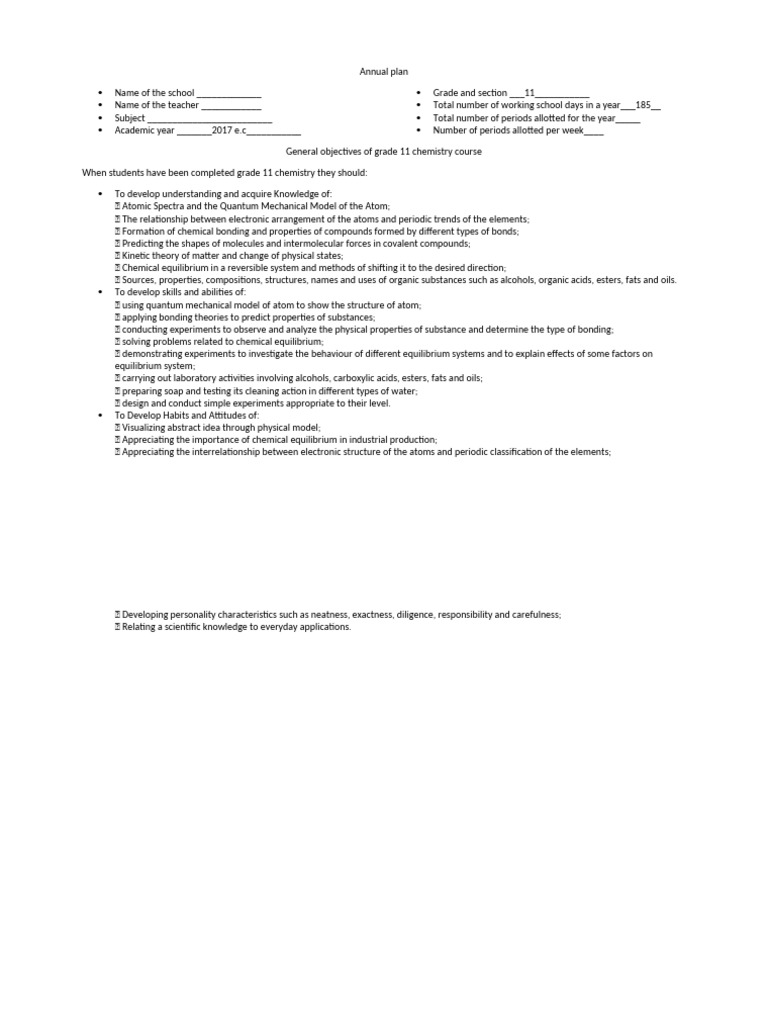 Chemistry Grade 11 General Objectives | PDF | Chemistry | Chemical Bond