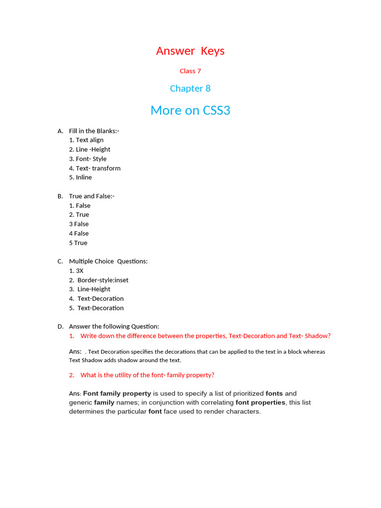 Answer Key Class 7 CH 8 | PDF