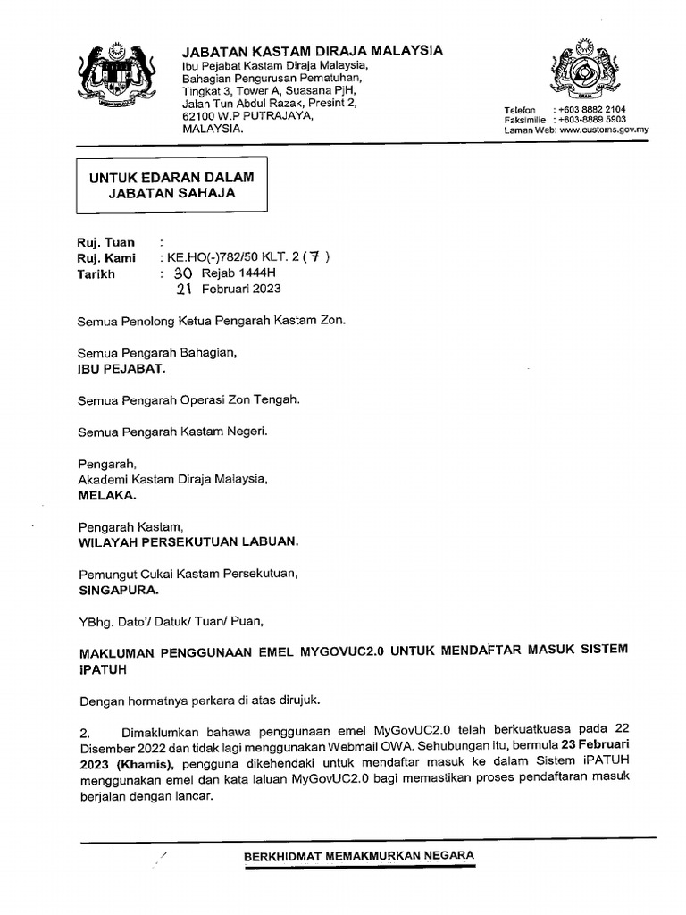 Surat Makluman Pendaftaran Ipatuh Menggunakan Emel Govuc2.0 | PDF