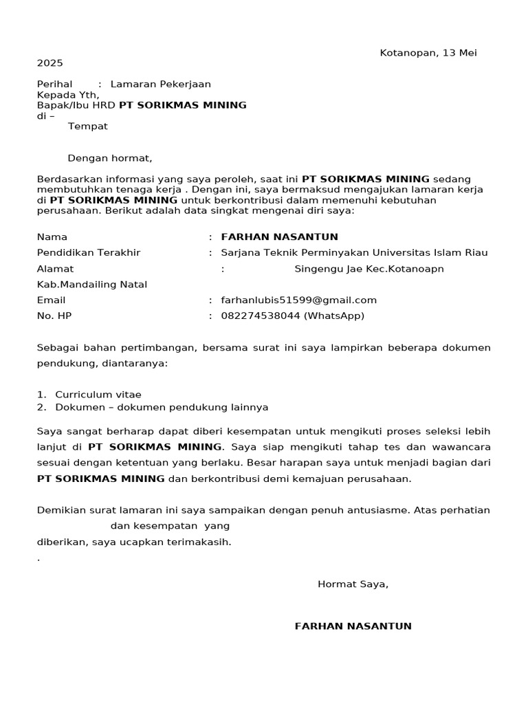 Surat Lamaran Pekerjaan Farhan | PDF