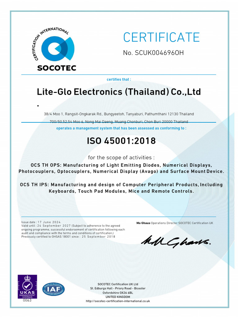 Lite Glo - Iso45001 Thailand 20240715 | PDF