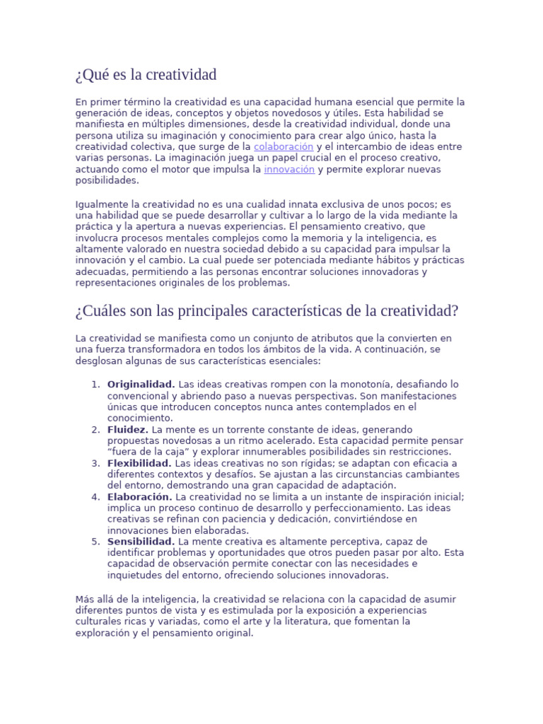Características y desarrollo de la creatividad | PDF | Creatividad ...