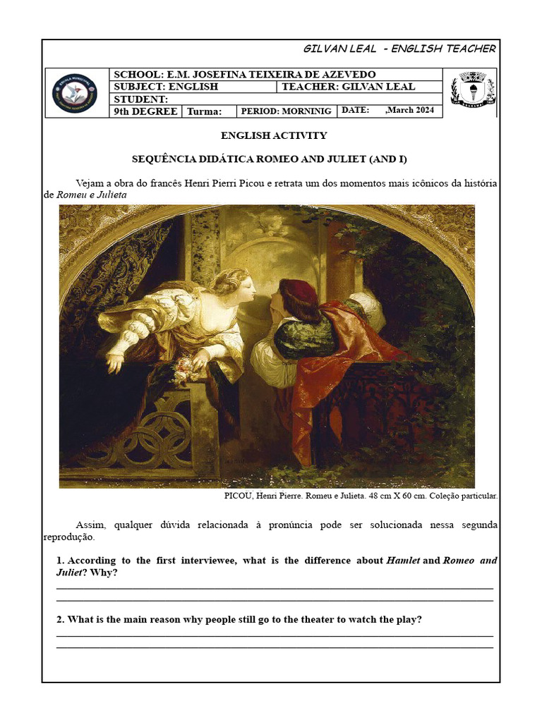 SEQUÊNCIA DIDÁTICA ROMEO AND JULIET to STUDENTS | PDF | Characters In ...