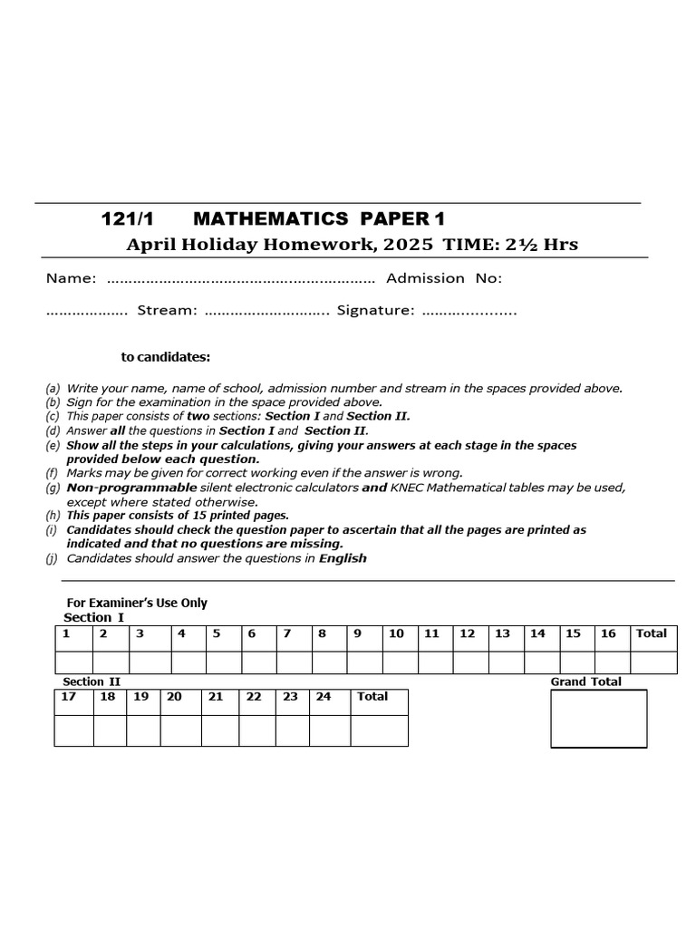 April 2025 Holiday Assignment Form 4 PP1 | PDF | Area | Acceleration