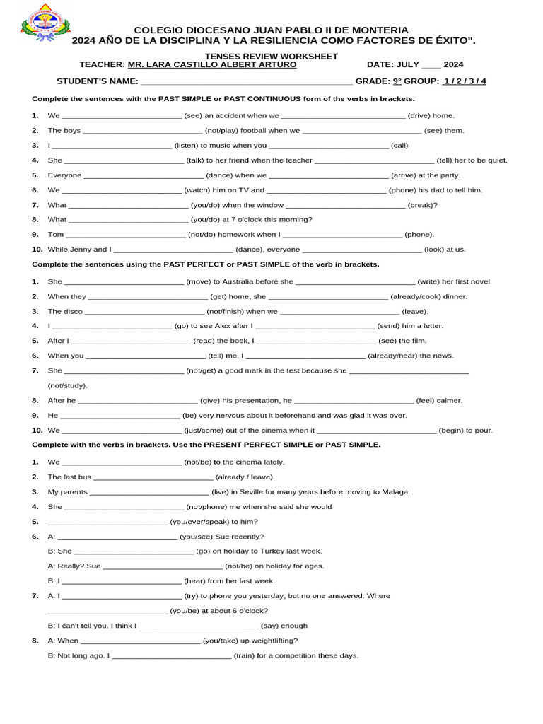 Tenses Review Worksheet III Term | PDF