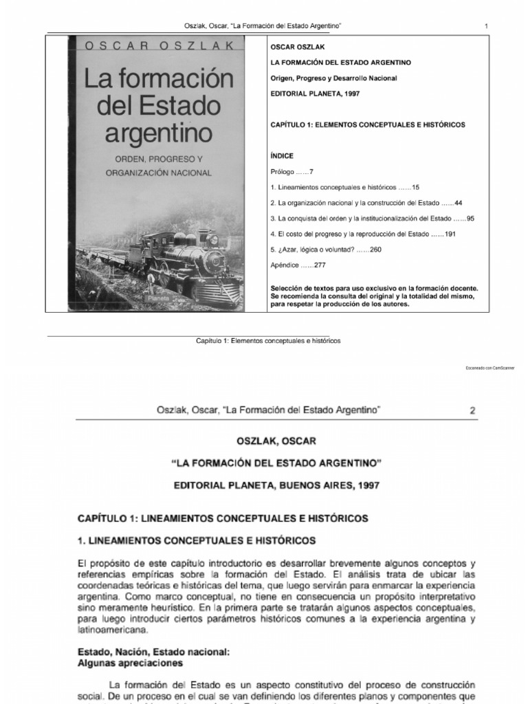 OSZLAK, OSCAR. La Formación Del Estado Argentino. Orden, Progreso y Organización Nacional. 1997 ...