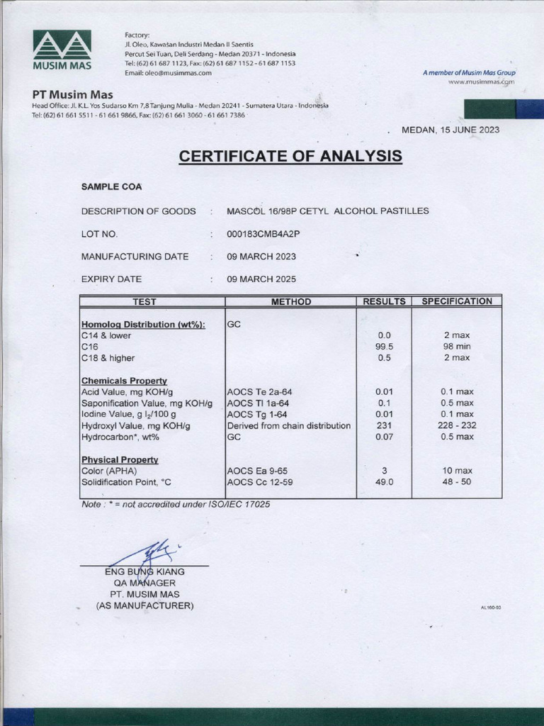 Coa Cetyl Alcohol | PDF