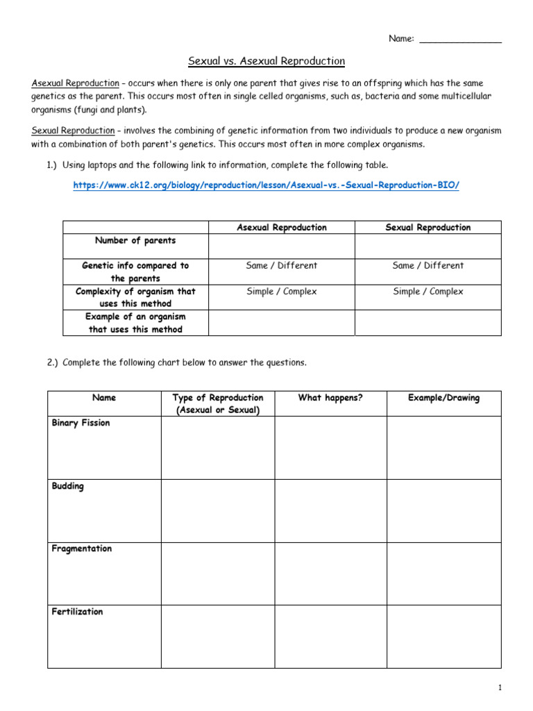 Worksheet - Sexual and Asexual Reproduction | PDF | Sexual Reproduction ...