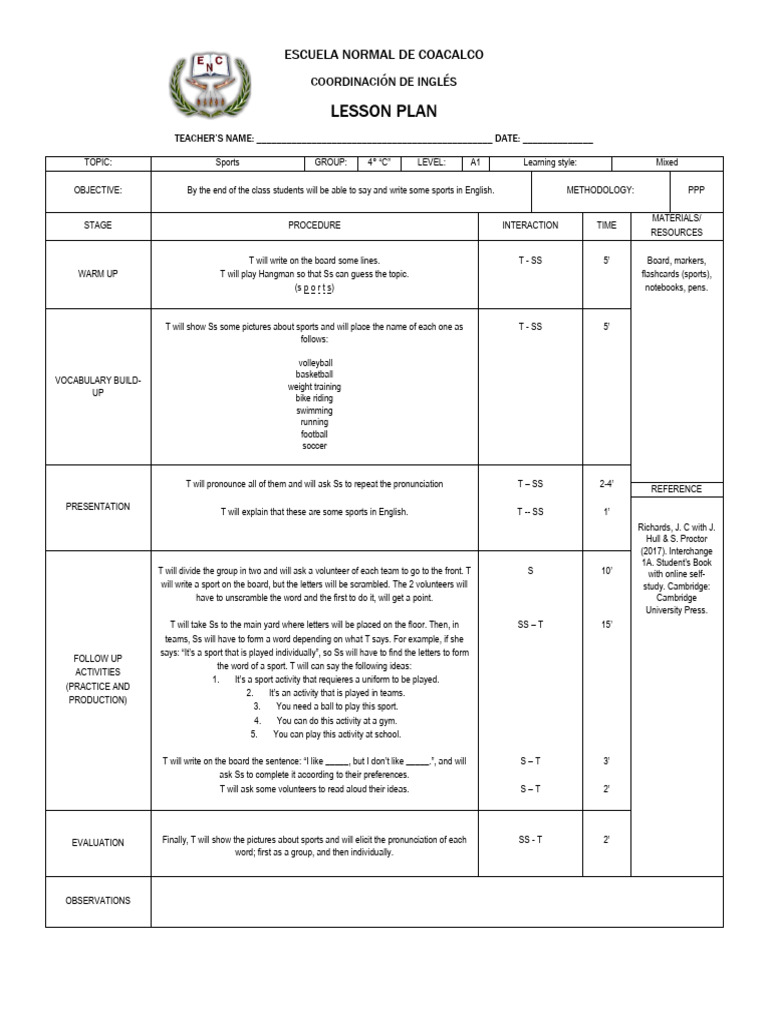 Example Lesson Plan SPORTS | PDF