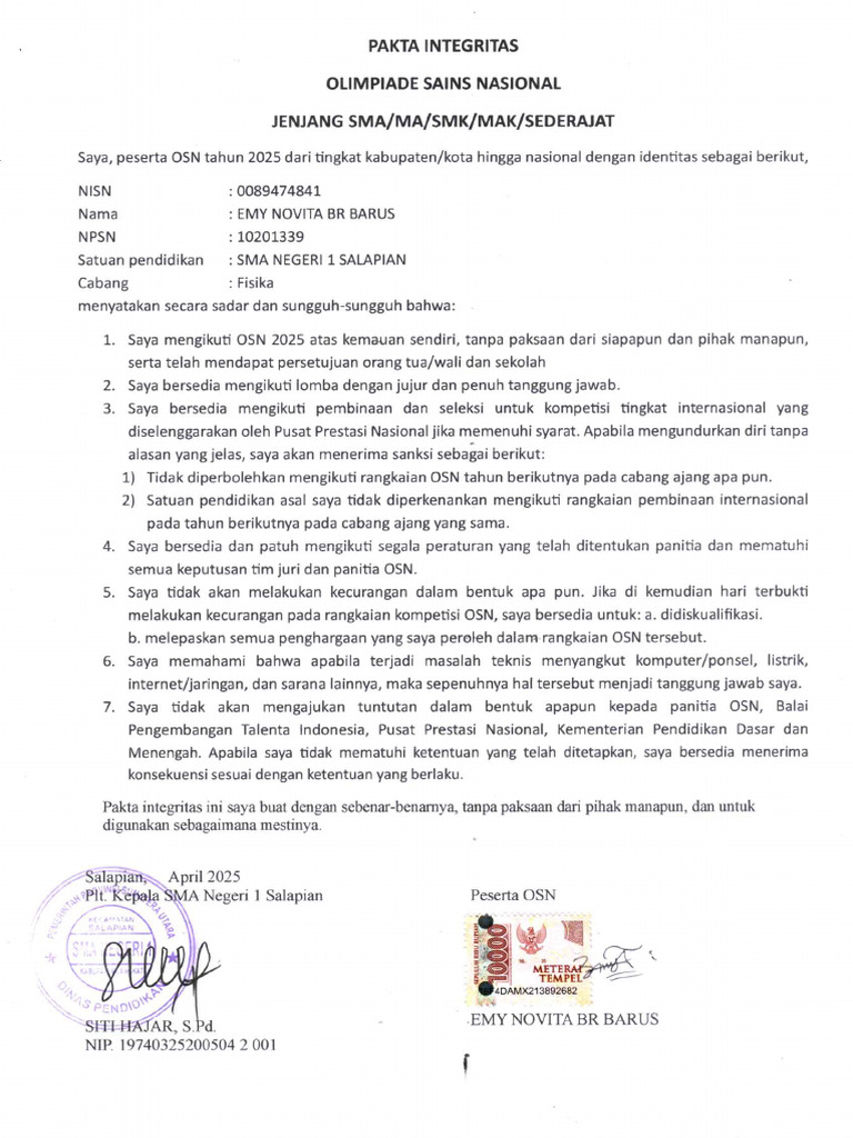 Pakta Integritas Emy Novita | PDF