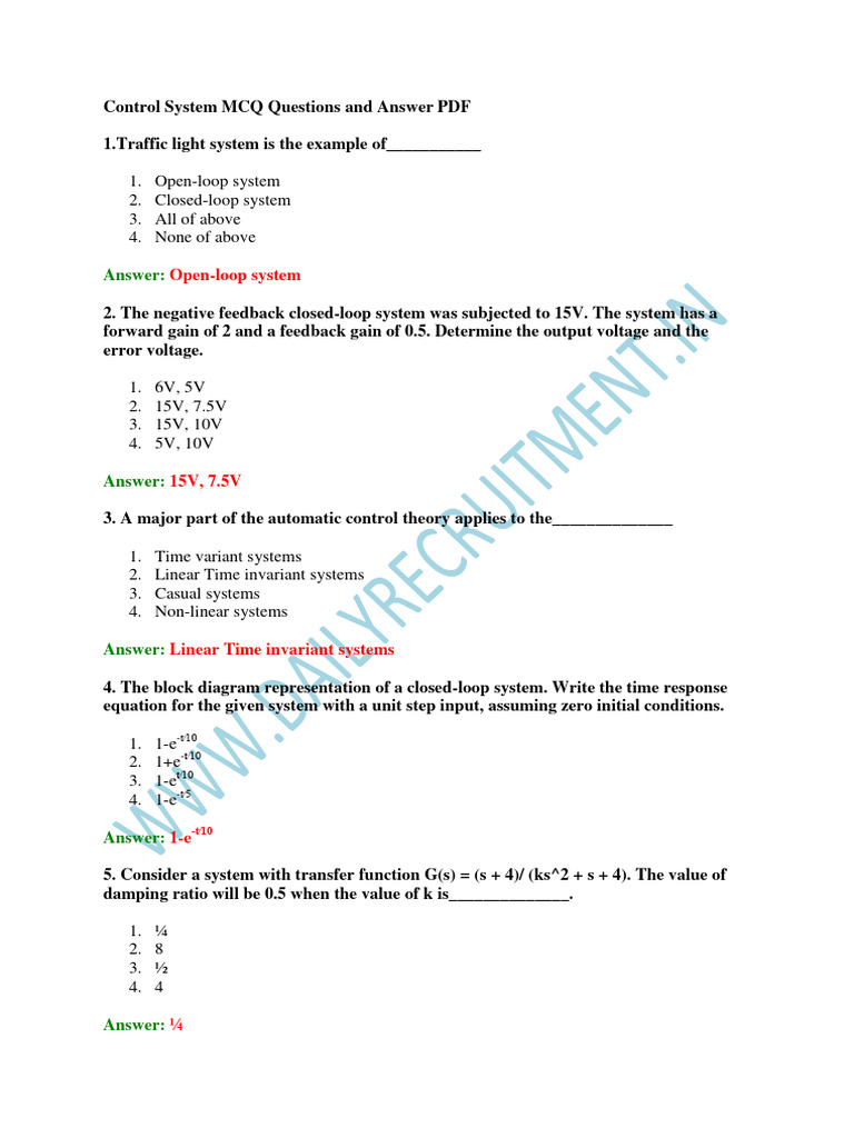 Control System MCQ Questions and Answer PDF | PDF | Control Theory | Damping