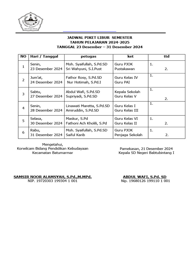 JADWAL PIKET LIBUR SEMESTER 1 2024-2025 - Editt | PDF