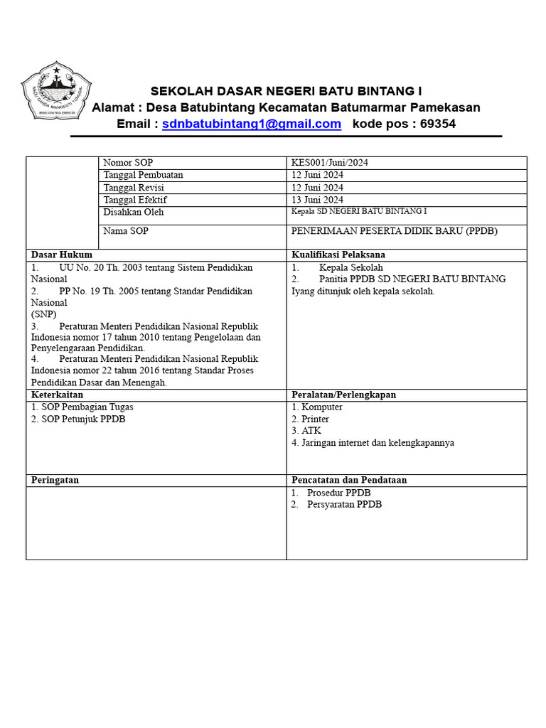 Sop PPDB SDN Batubintang I | PDF