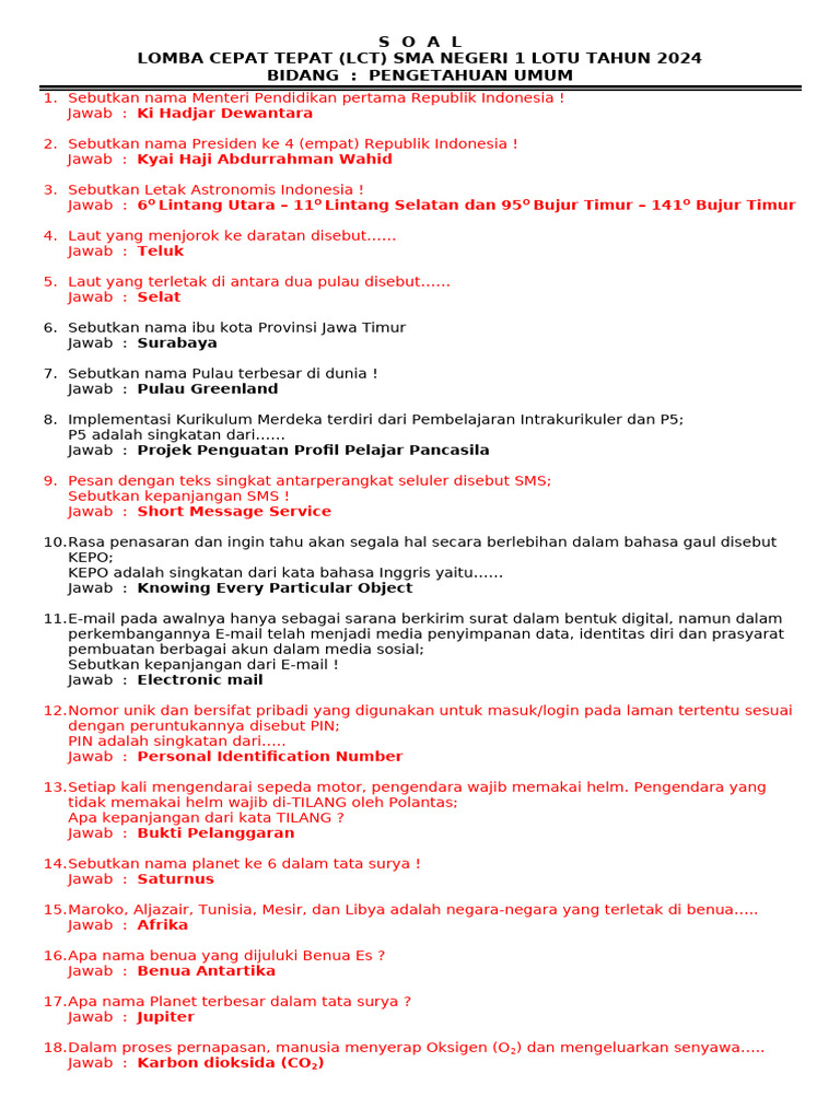 Soal Lct Sman1 Lotu Thn 2024 | PDF
