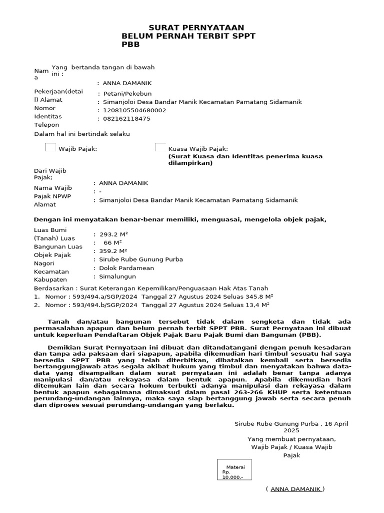 Form Belum Pernah Terbit SPPT PBB | PDF
