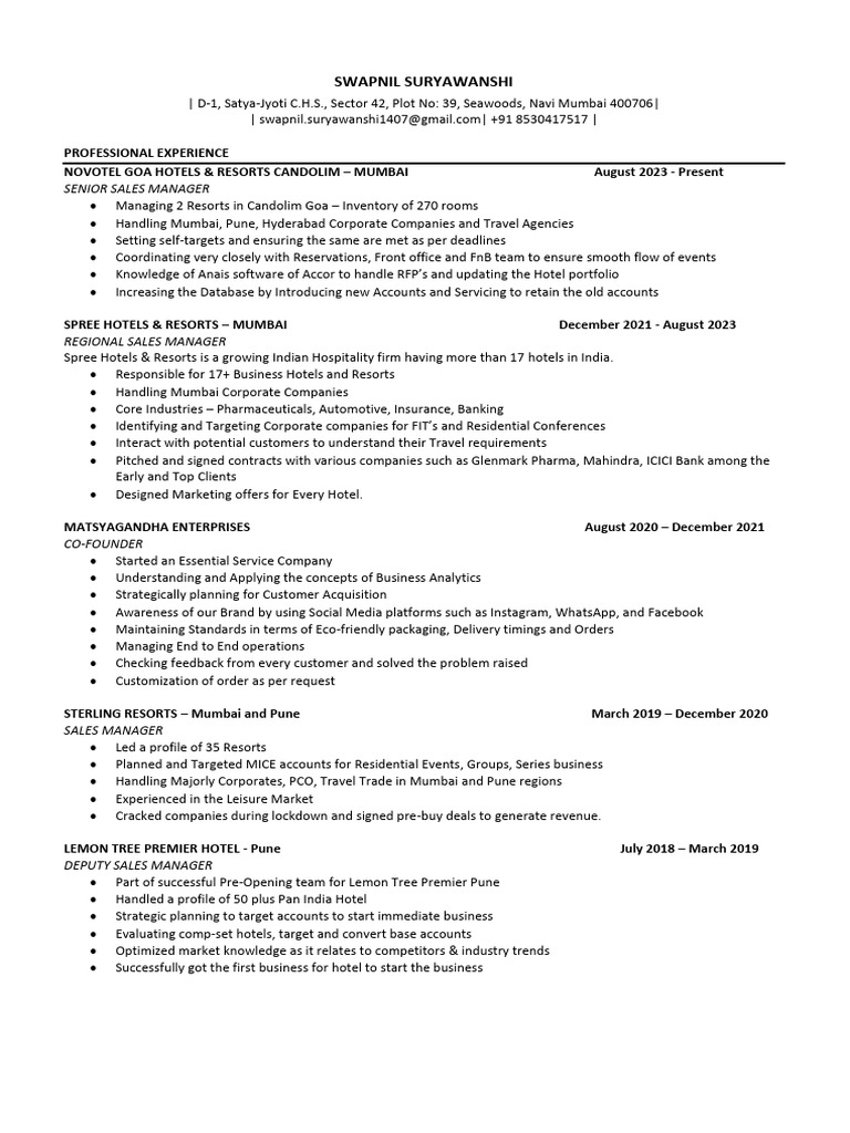 Swapnil Suryawanshi Resume | PDF | Hotel | Business