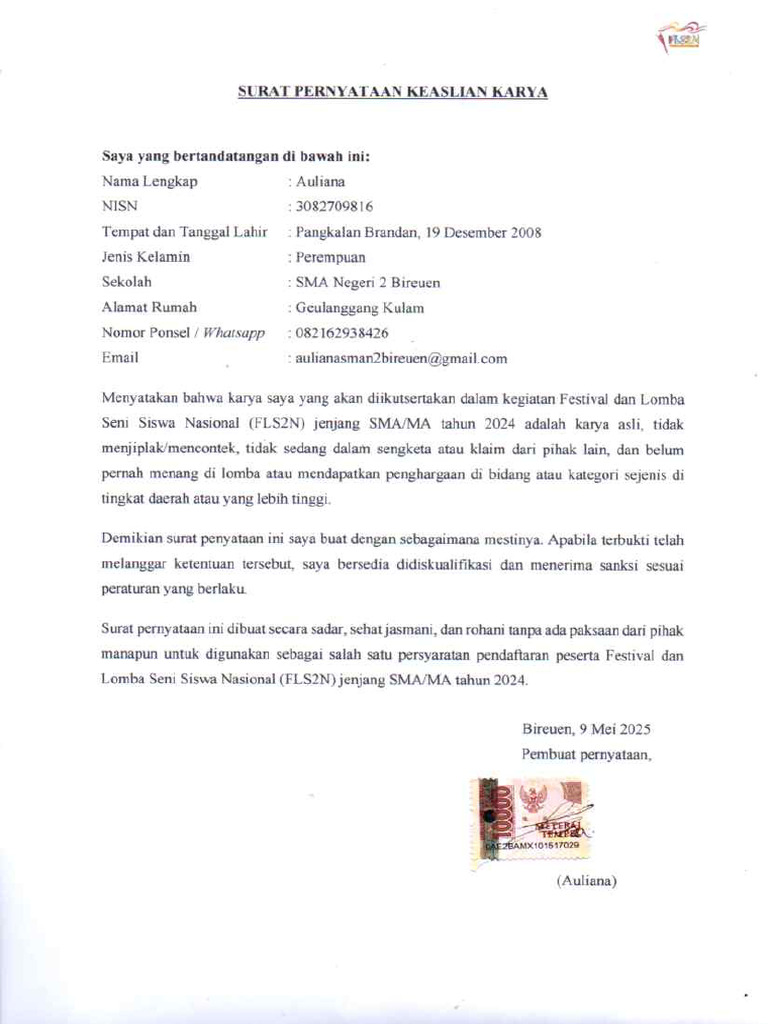 Surat Pernyataan FLS2N Auliana | PDF