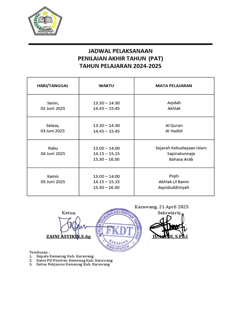 JADWAL PAT 2024-2025 Sudah Fix | PDF