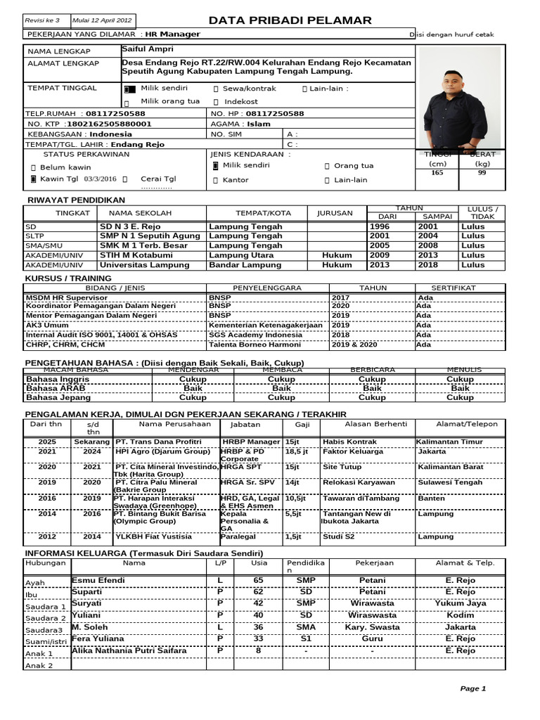 Form Data Pribadi Pelamar | PDF