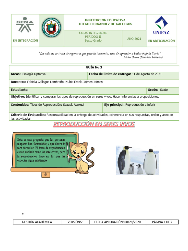 Guía Integrada No 3 Biología-Optativa Segundo Período Sexto Grado 2021 ...