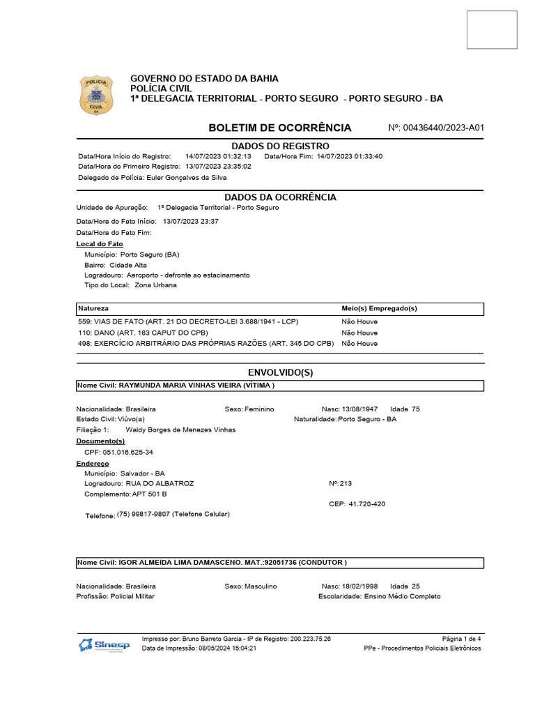 Boletim de Ocorrência em Porto Seguro | PDF | Polícia | Justiça criminal