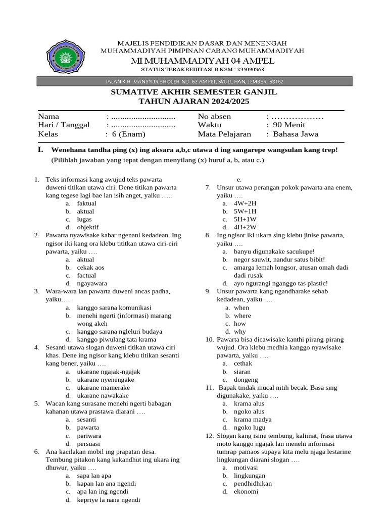 PAS 1 Kelas 6 B. Jawa | PDF