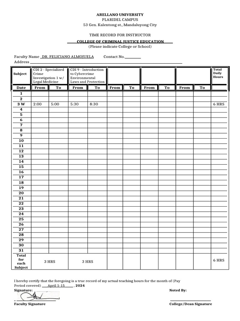 DTR Aprill.1 15 2024 Timesheet | PDF | Criminal Law | Misconduct