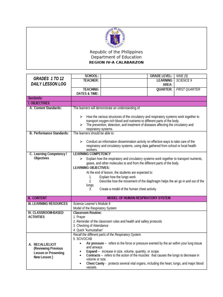 Science 9 Daily Lesson Log: Respiratory System | PDF | Lung | Exhalation