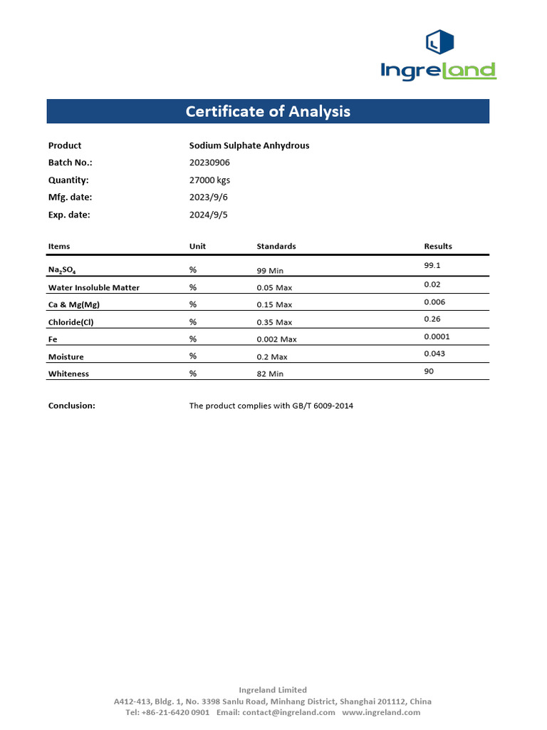 Sodium Sulphate Anhydrous Analysis Report | PDF