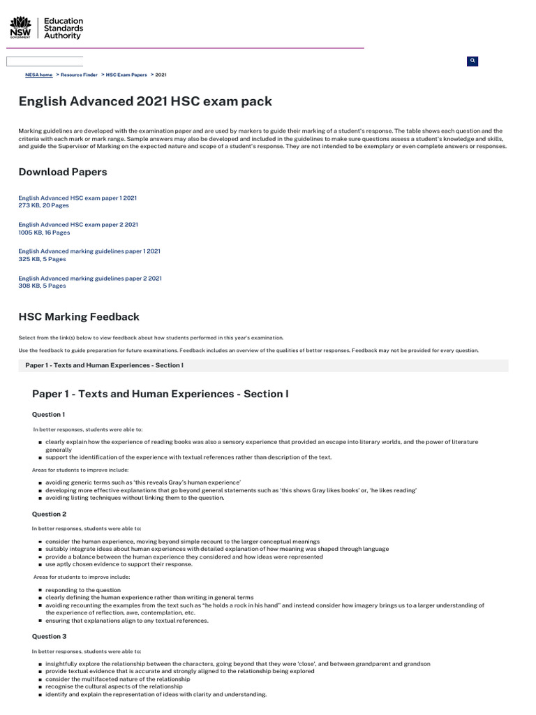 English Advanced 2021 HSC Exam Pack NSW Education Standards | PDF ...