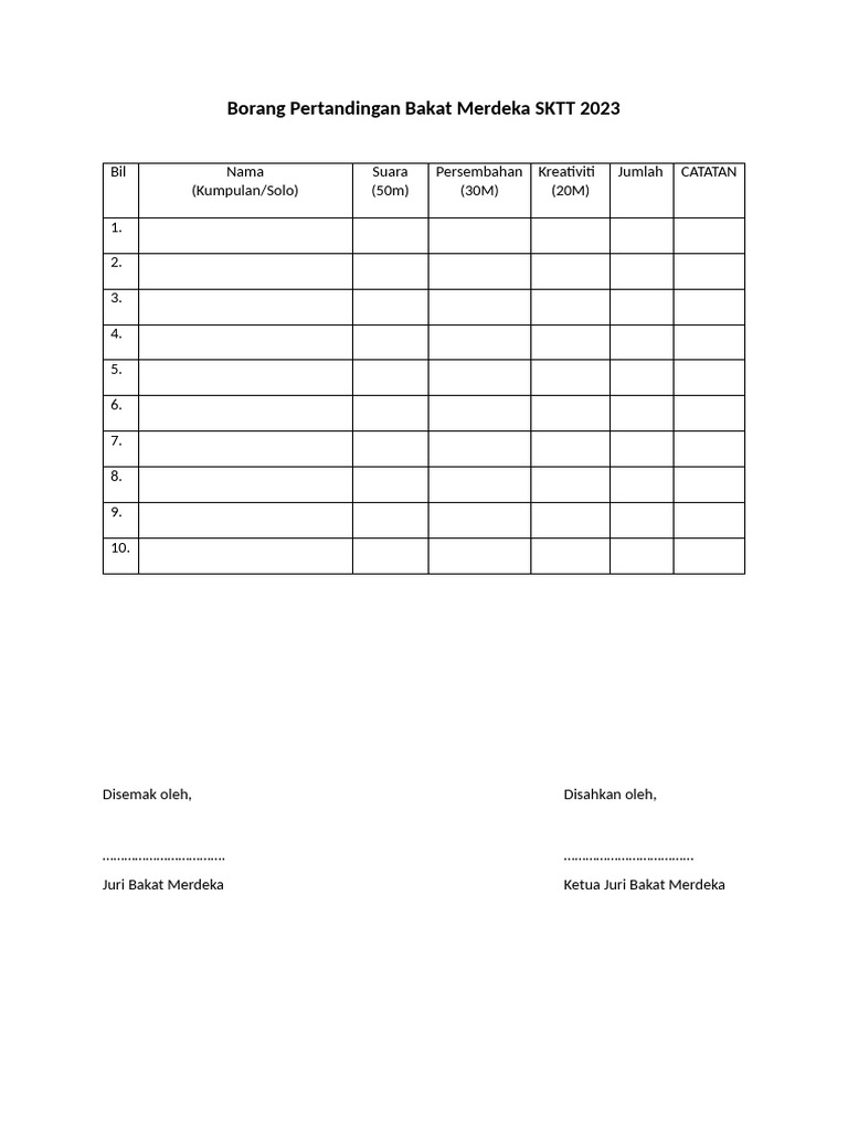 Borang Pertandingan Bakat Merdeka | PDF
