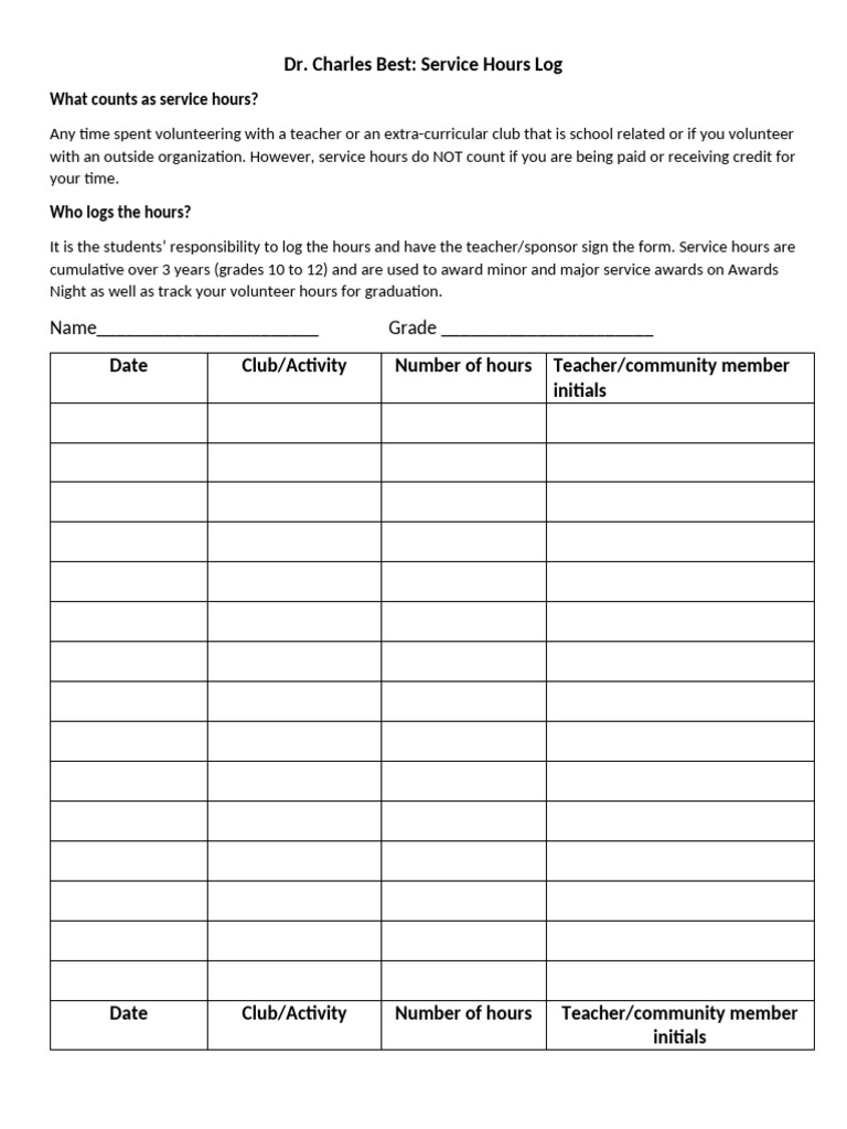 Dr. Charles Best-Volunteer Hours Log Sheet | PDF